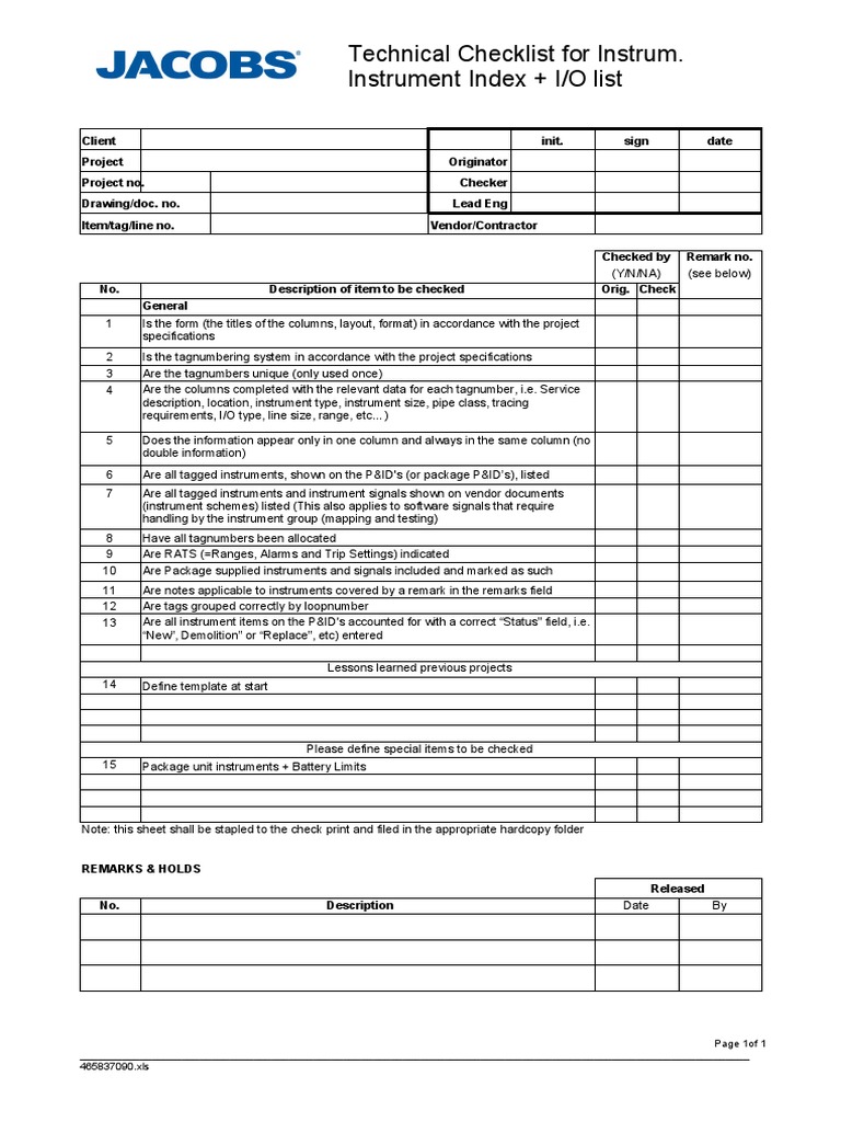 BE-WI-203-08-F01 Technical Checklist Instrumentation - Instrument Index ...