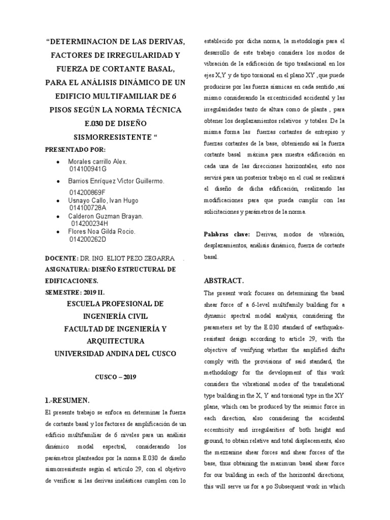 DETERMINACION DE LAS DERIVAS, FACTORES DE IRREGULARIDAD Y FUERZA DE CORTANTE BASAL, PARA EL ...