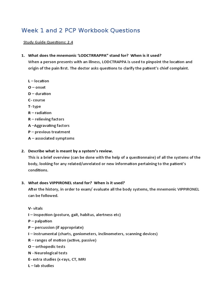 Week 1 and 2 PCP Workbook Questions | PDF | Paresthesia | Nerve