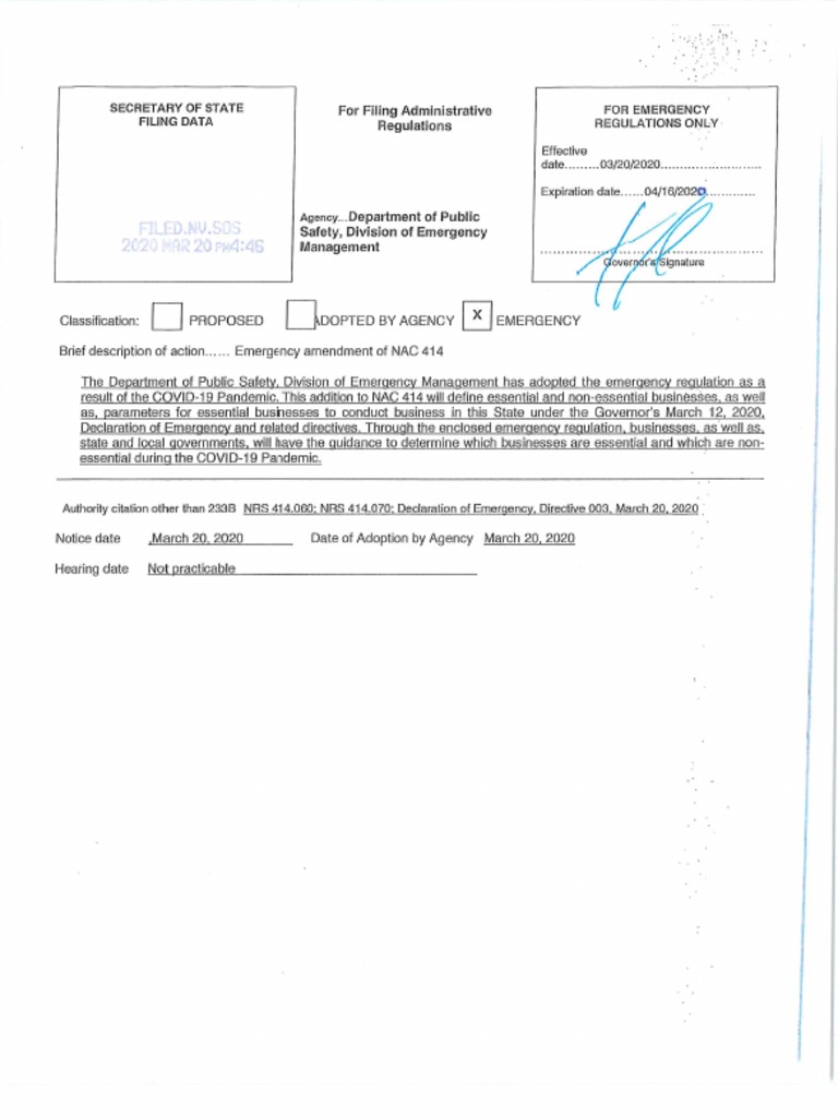 MARCH 20, 2020: Gov. Sisolak's Emergency Regulations | PDF