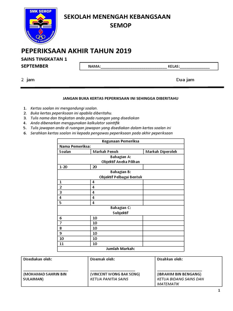 Soalan Sains Tingkatan 1 Pat September Pdf