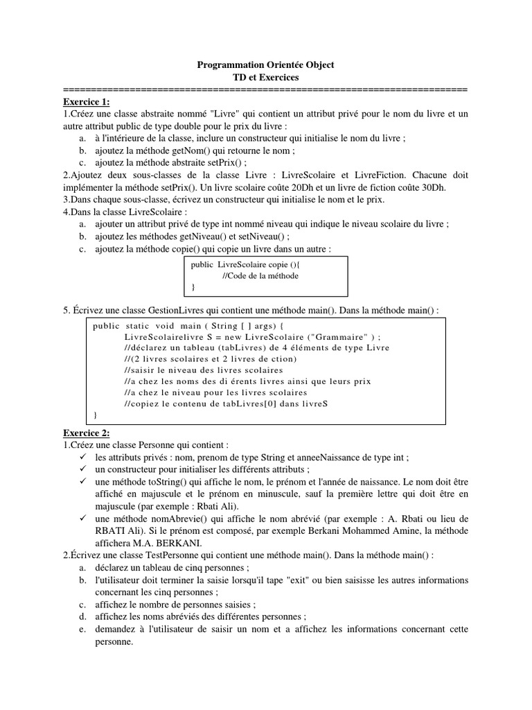 Exercices de Programmation Orientée Objet | PDF | Classe (informatique) | Gestion informatique