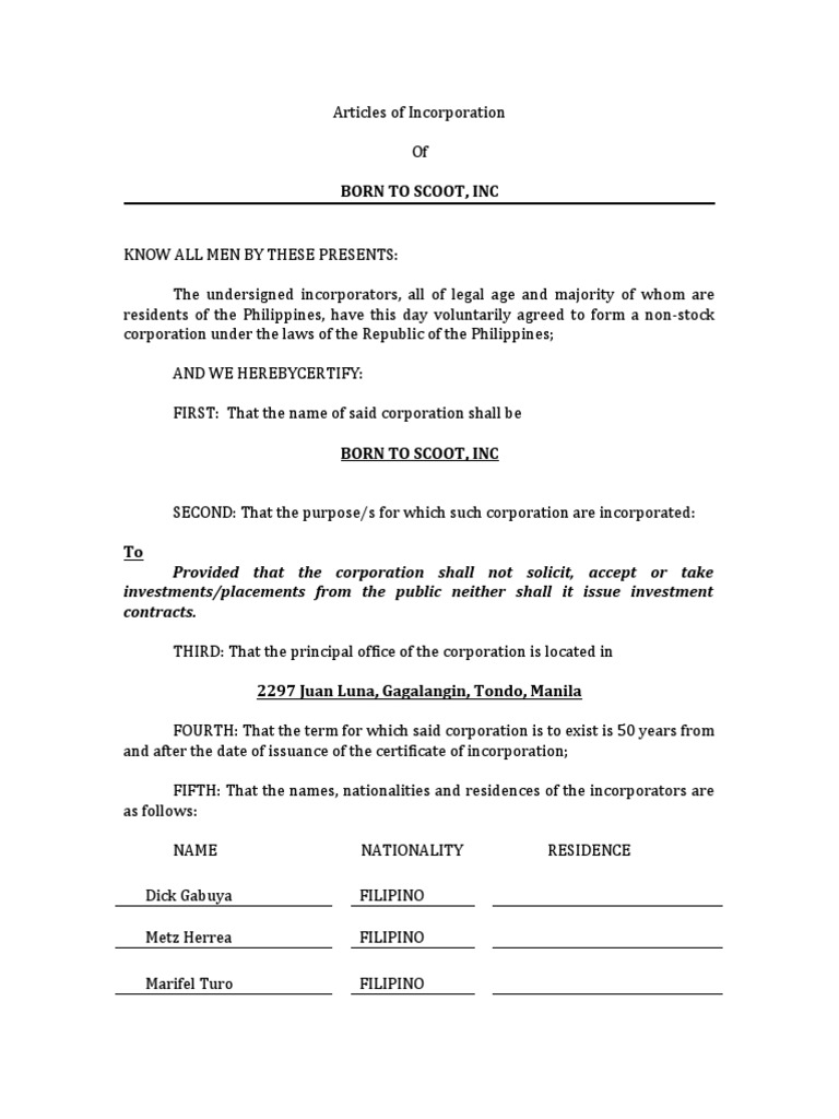 AOI and Bylaws Sample | PDF | Proxy Voting | By Law