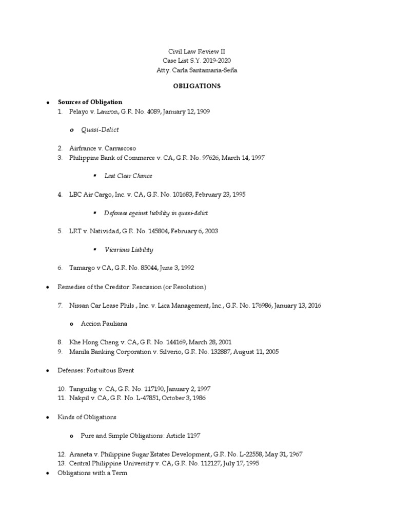 Civil Law Case List 2019-2020 | PDF | Business Law | Legal Concepts