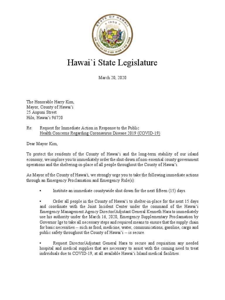 Hawaii Island Delegation Letter To Mayor Kim | PDF | Hawaii | Government