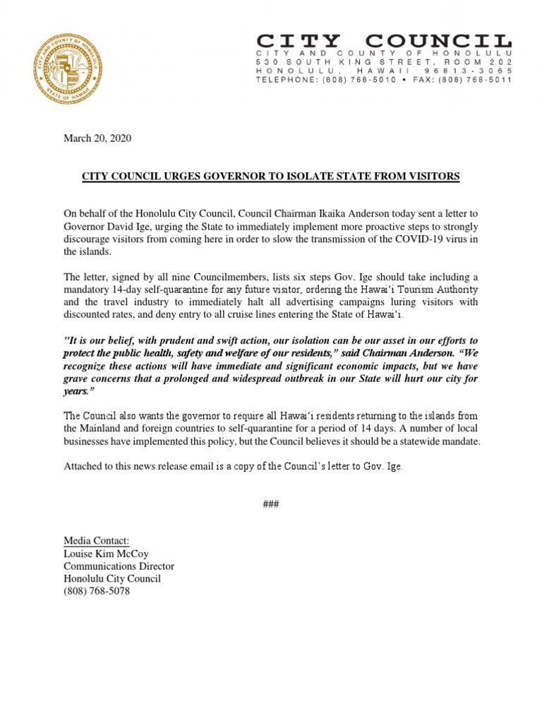 Honolulu City Council letter to Gov. David Ige