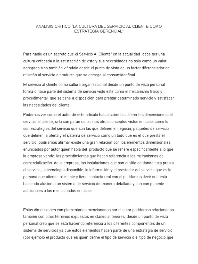 Analisis Critico La Cultura Del Servicio Al Cliente Como Estrategia ...
