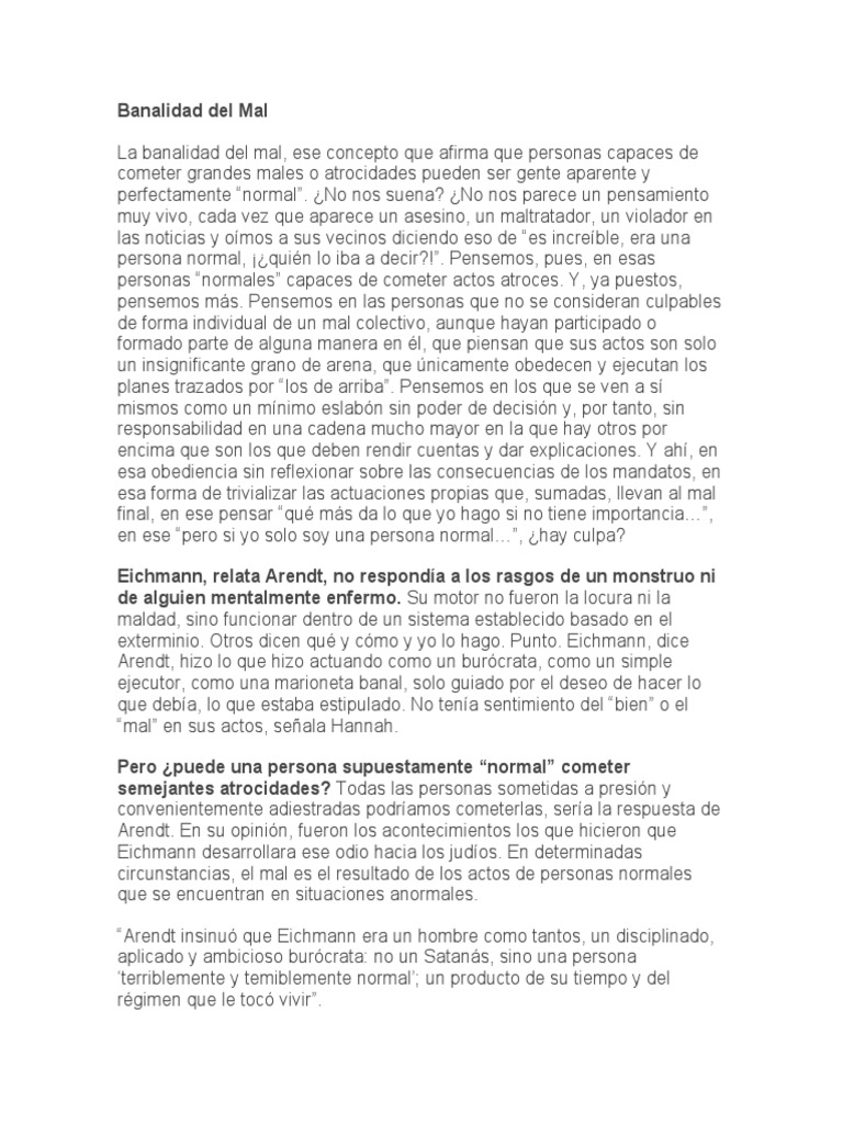 Banalidad Del Mal | PDF | Mal | Hannah Arendt
