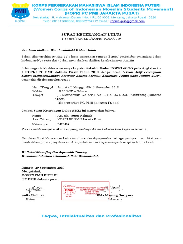096 Surat Keterangan Lulus SKK Tahun 2018 KOPRI PC PMII Jakarta Pusat | PDF