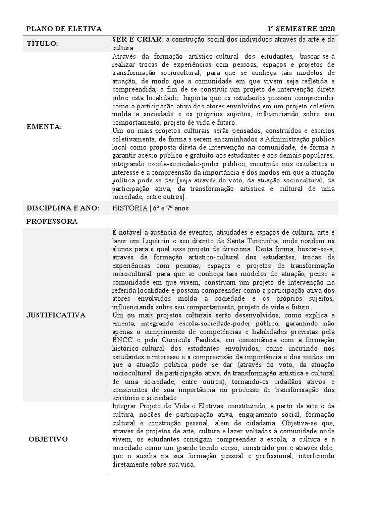 Modelo de Plano de Eletiva (Ensino Fundamental) I | PDF | Sociologia | Science