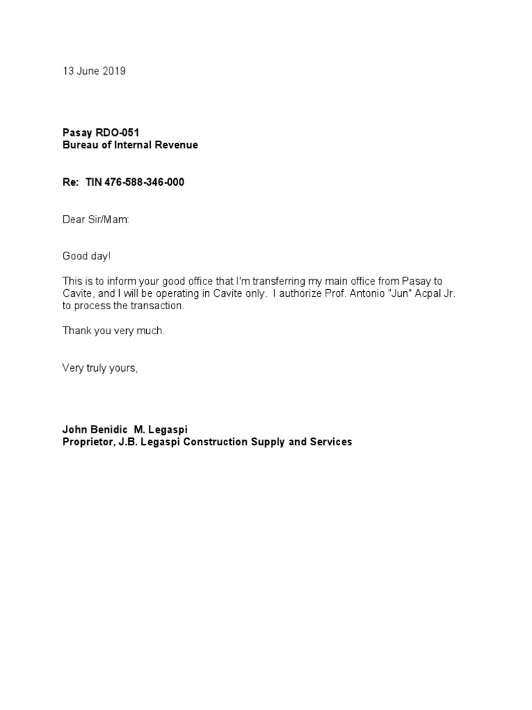BIR Authorization Letter To Transfer To Cavite | PDF
