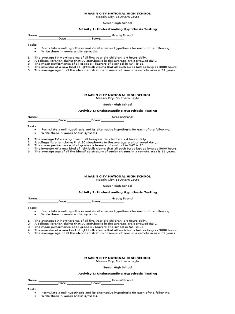 Activity Understanding Hypothesis Testing | PDF | Ignorance | Hypothesis Activity Understanding Hypothesis Testing | PDF | Ignorance | Hypothesis
