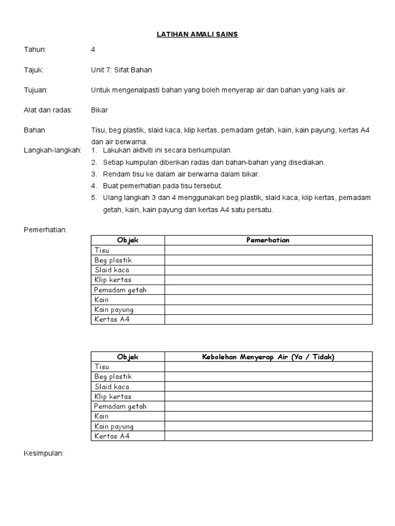 Laporan Amali Sains Tahun 4 | PDF