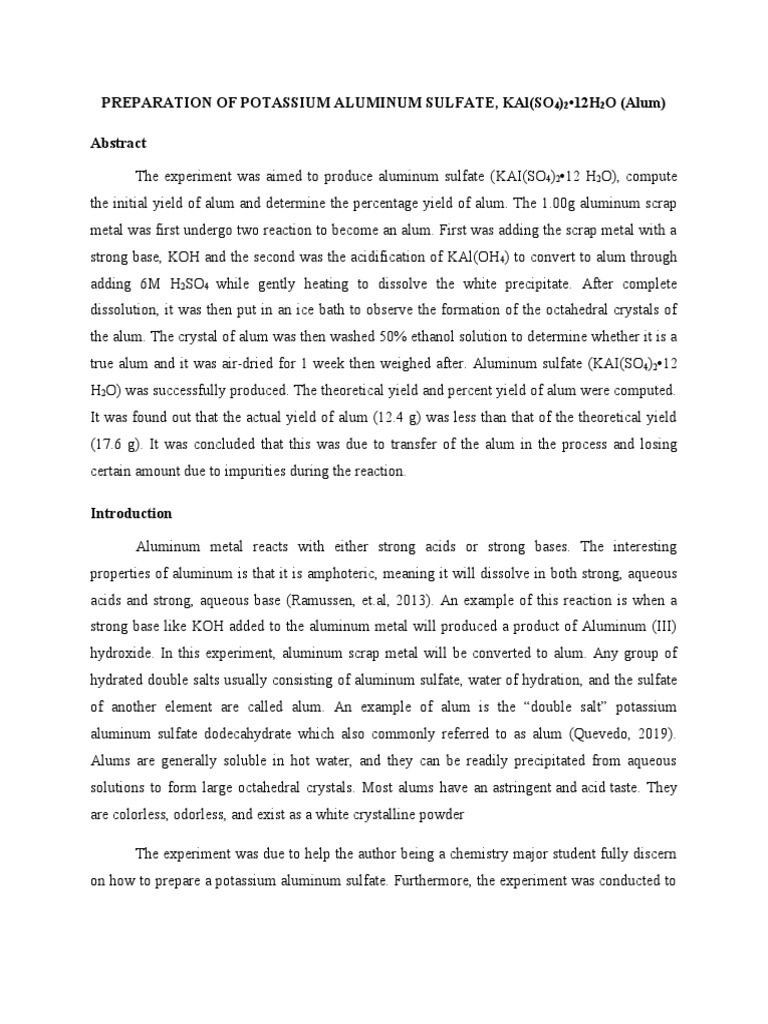 PREPARATION OF POTASSIUM ALUMINUM SULFATE, KAl (SO4) 2 - 12H2O (Alum) | PDF | Aluminium | Solution