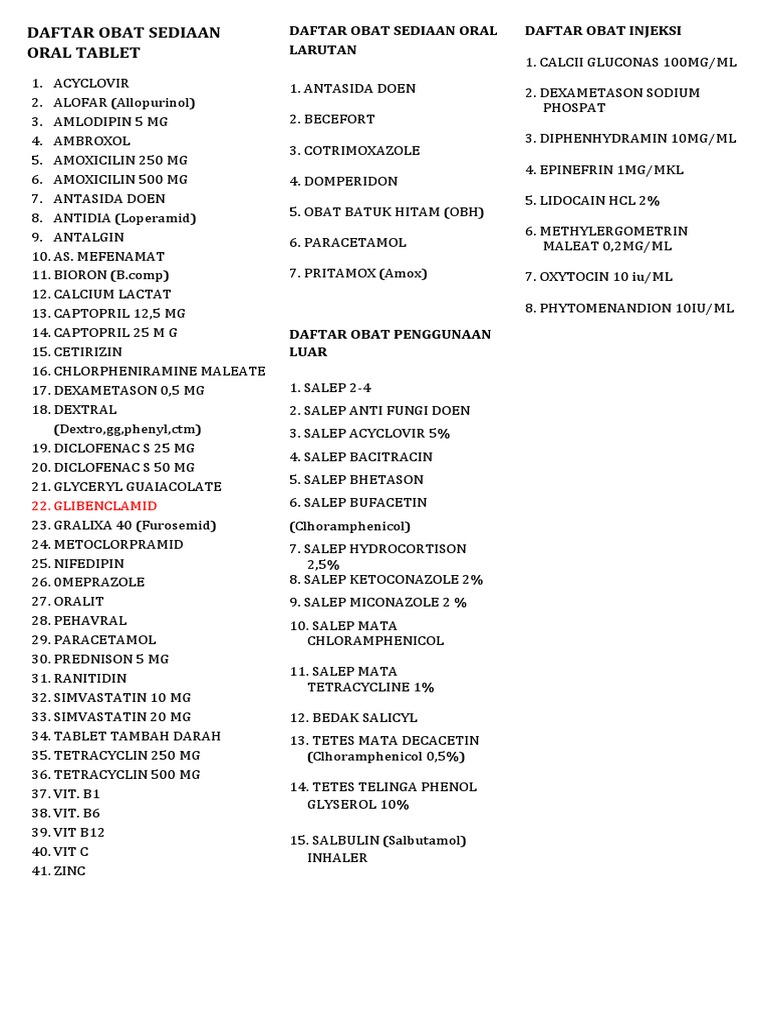 Daftar Obat Sediaan Oral Tablet | PDF | Rtt | Organic Compounds