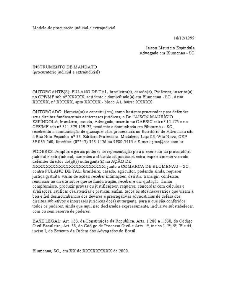 Modelo de Procuração Judicial e Extrajudicial | PDF | Advogado ...