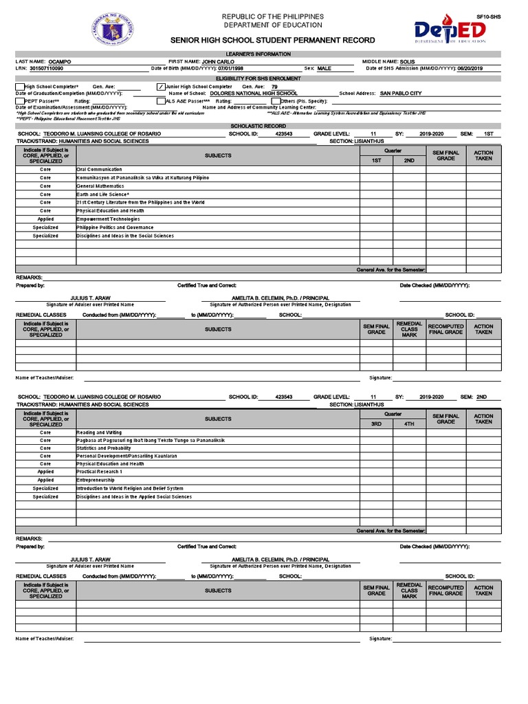 School Form 10 SF10-SHS Senior High School Student Permanent Record ...