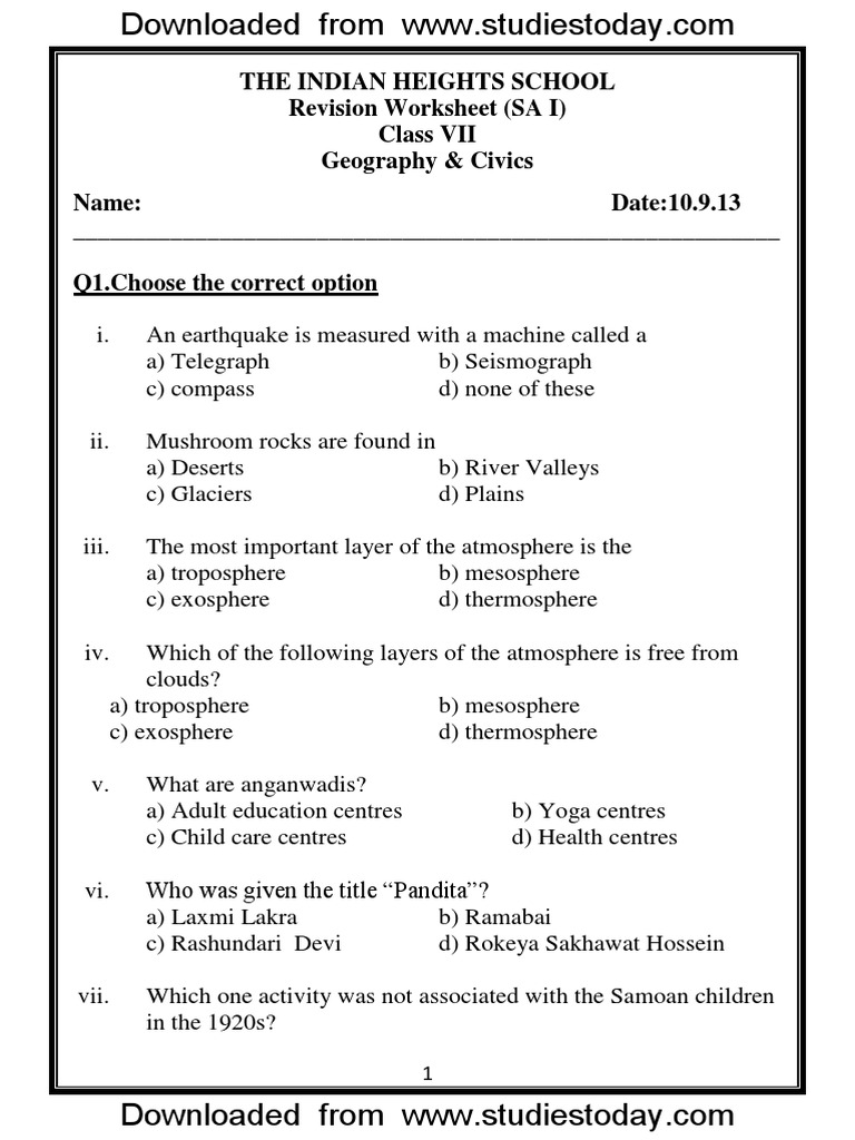 CBSE Class 7 Social Science Worksheet - Geography & Civics | PDF ...