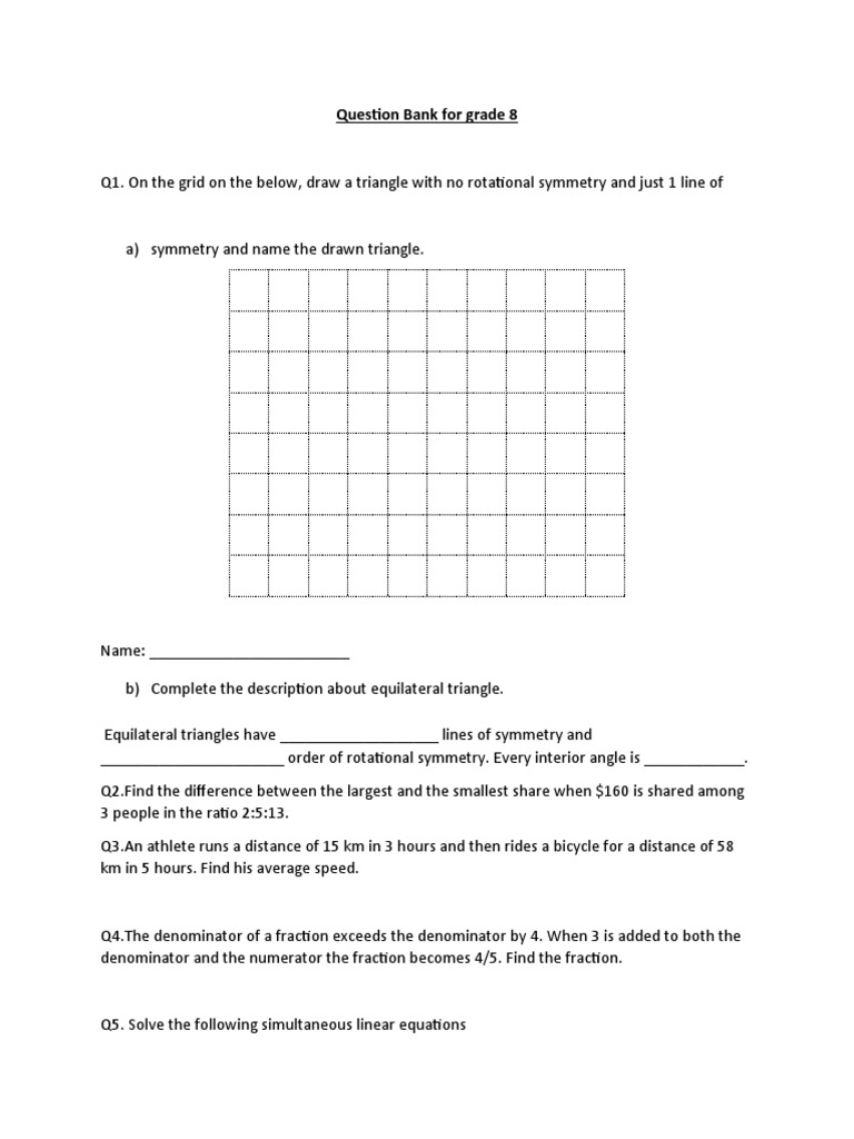 Grade 8 Mathematics Question Bank Covering a Wide Range of Concepts ...