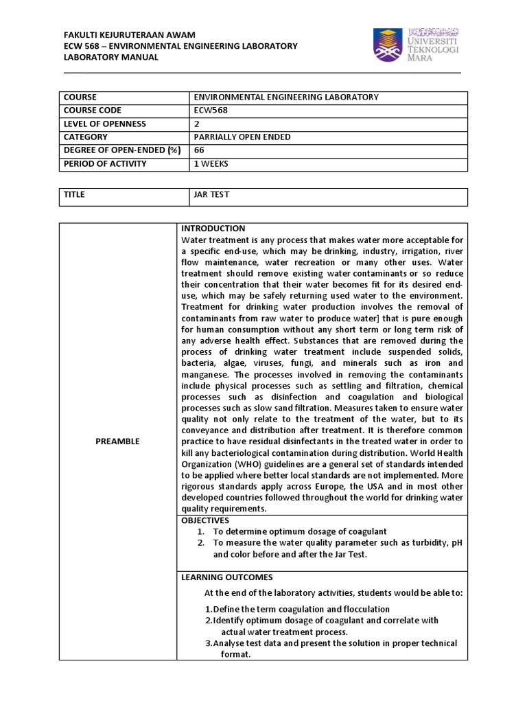 Jar Test Water Treatment Optimization | PDF | Water Purification | Water