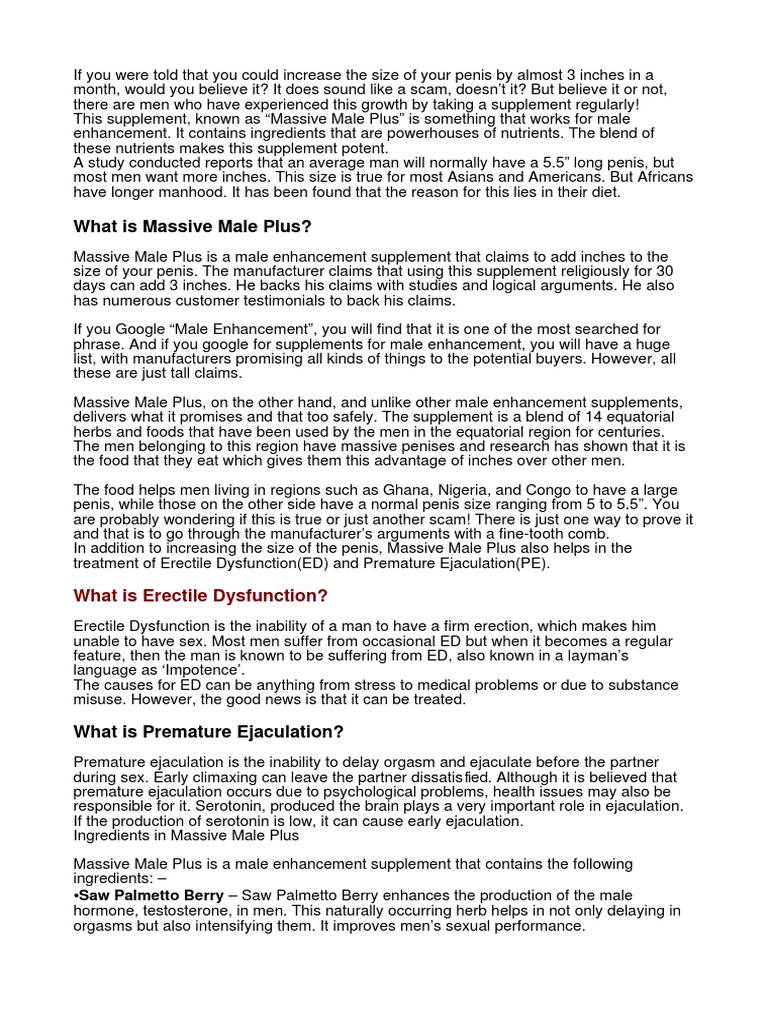 Massive Male Plus Supplement Review - Ingredients & Benefits | PDF ...