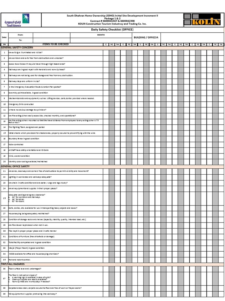 Daily Office Safety Checklist | PDF | Stairs | Building Engineering