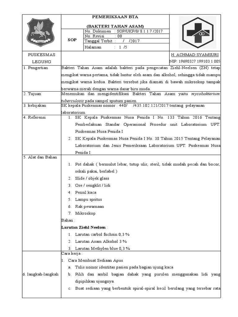 Lampiran 8.1.1 SOP PEMERIKSAAN BTA | PDF
