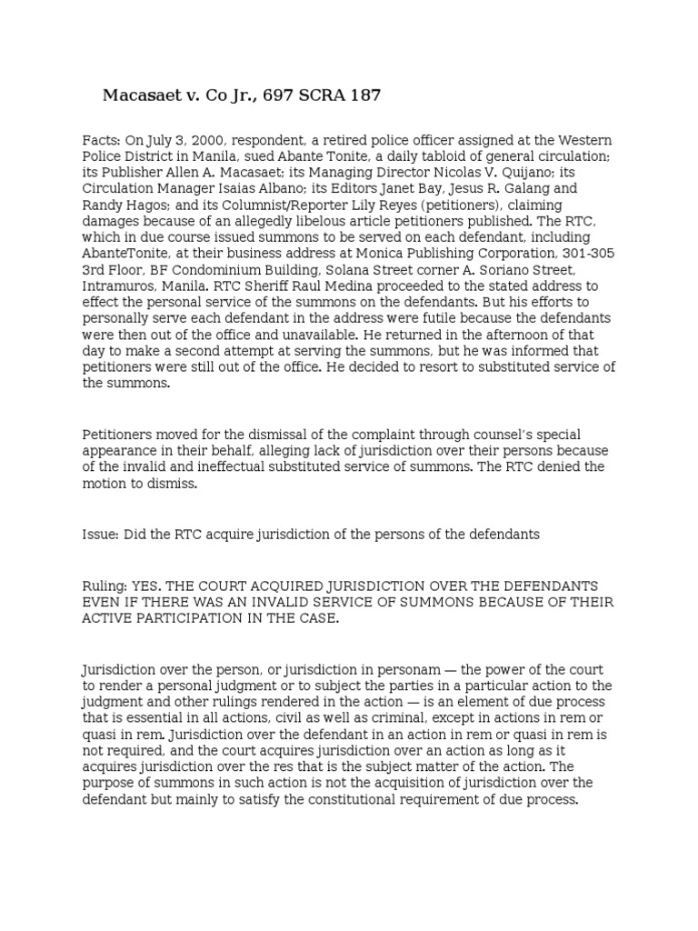 Jurisdiction Despite Invalid Summons | PDF | In Rem Jurisdiction ...