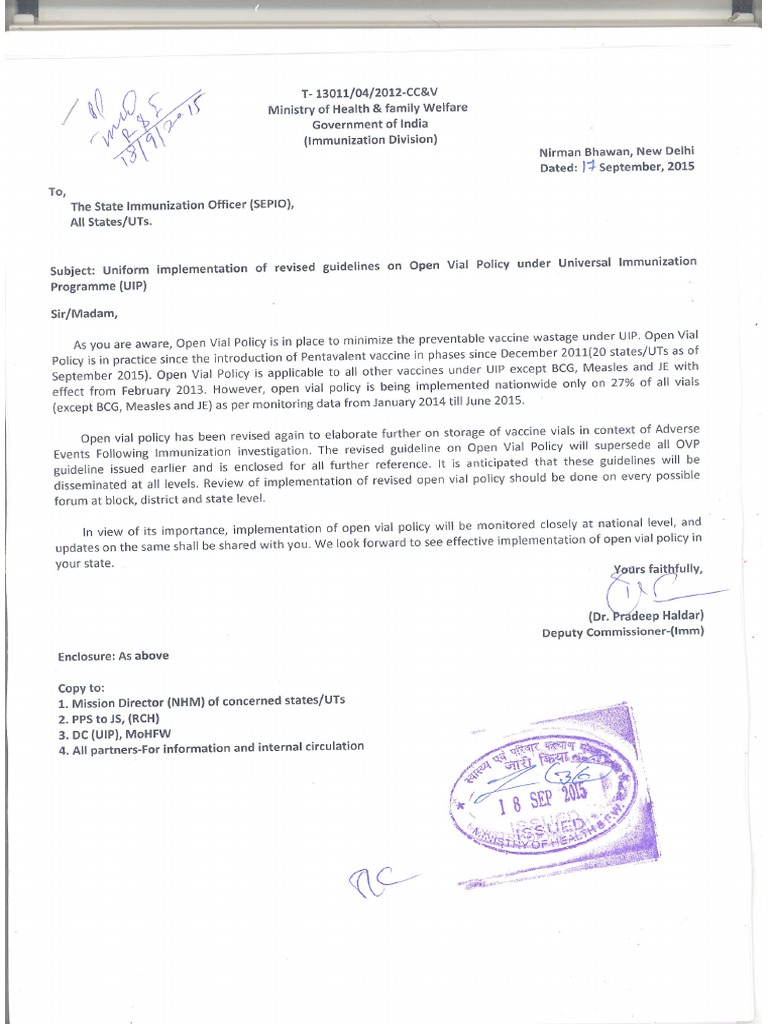 Open Vial Policy - MoHFW - Sep2015 | PDF | Vaccines | Medical Humanities