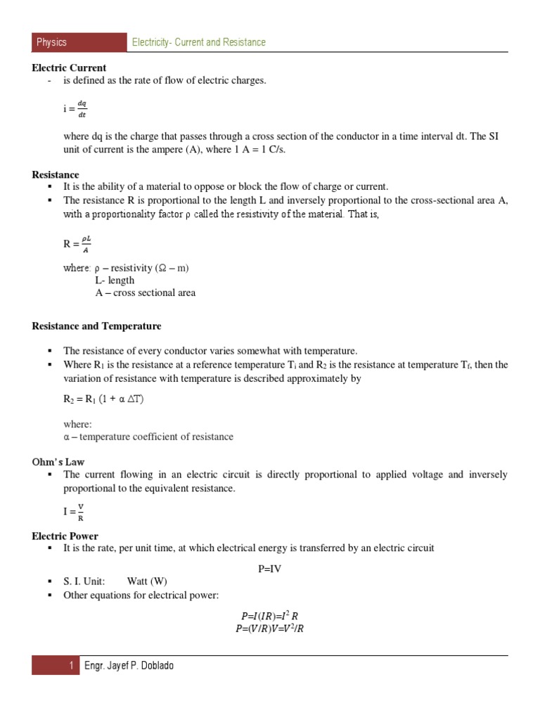 Electricity Current And Resistance Pdf Electrical Resistance And