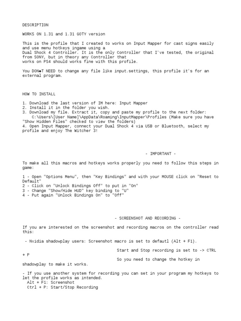 Witcher 3 Dual Shock 4 Control Guide | PDF | Keyboard Shortcut | Screenshot