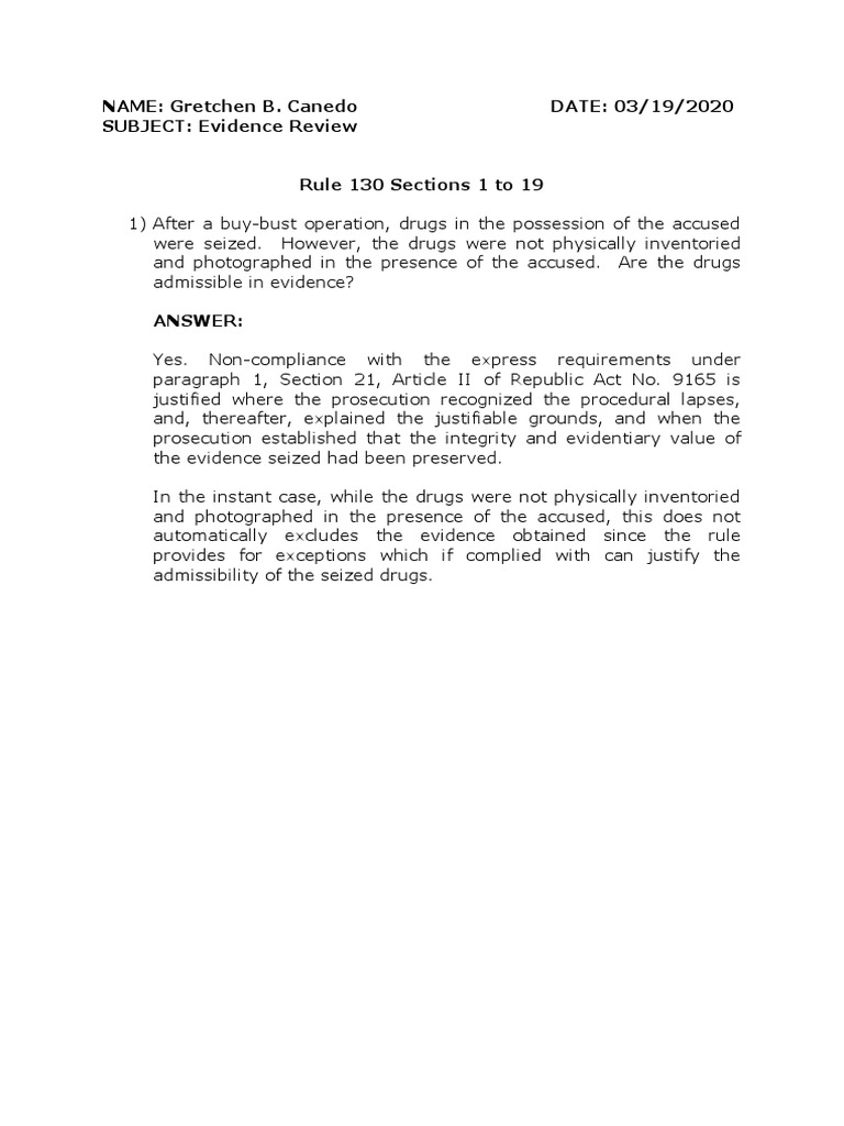 GRETCHEN CANEDO ANSWERS To Rule-130-Sections-1-to-19 | PDF | Parol ...