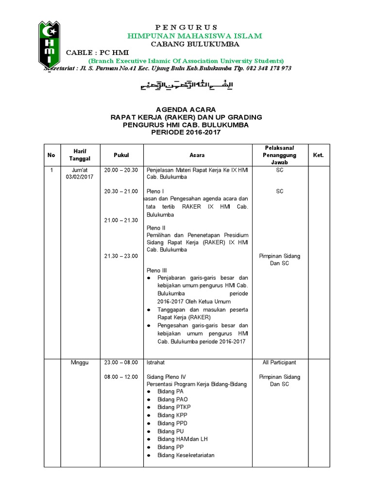 Contoh Draft Rapat Kerja HmI | PDF
