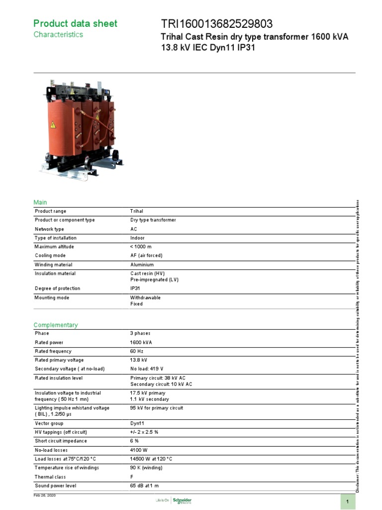 Trihal-1600kva Technical Data Sheet | PDF | Transformer | Alternating ...