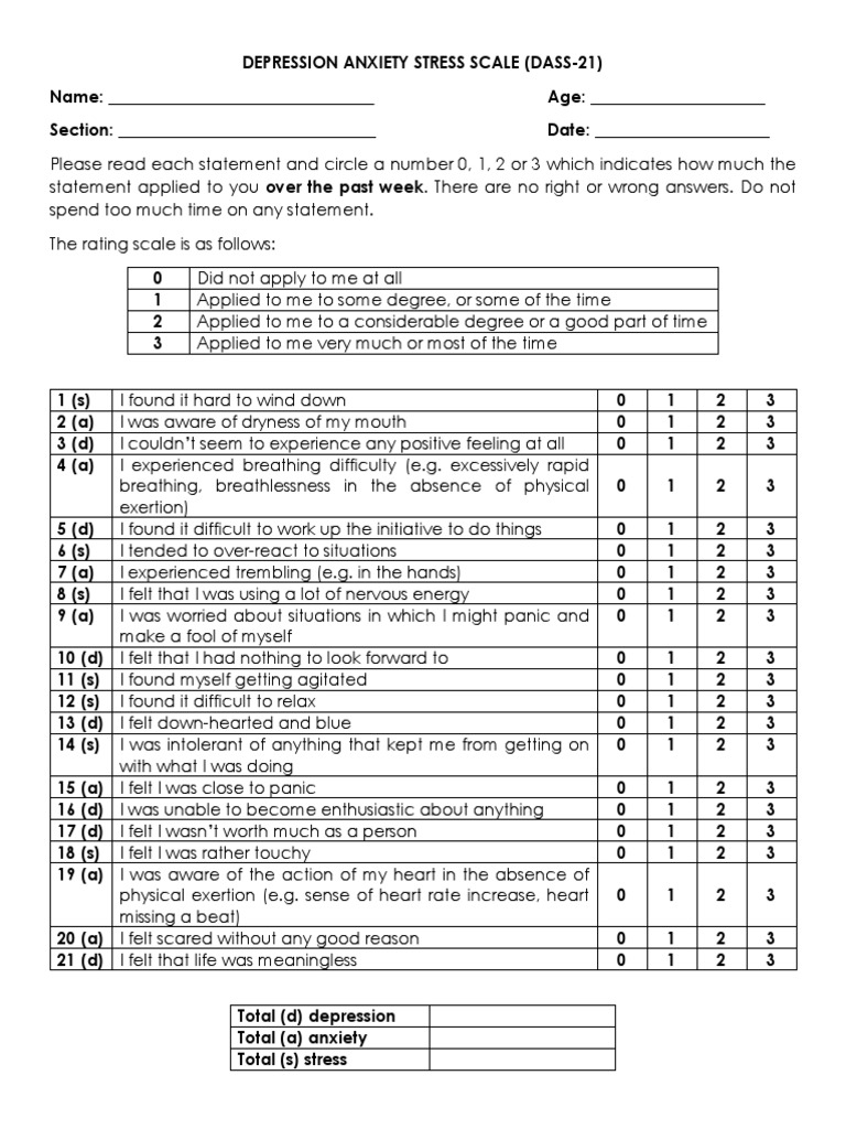 DASS-21: Depression, Anxiety, Stress Scale | PDF | Anxiety | Depression ...