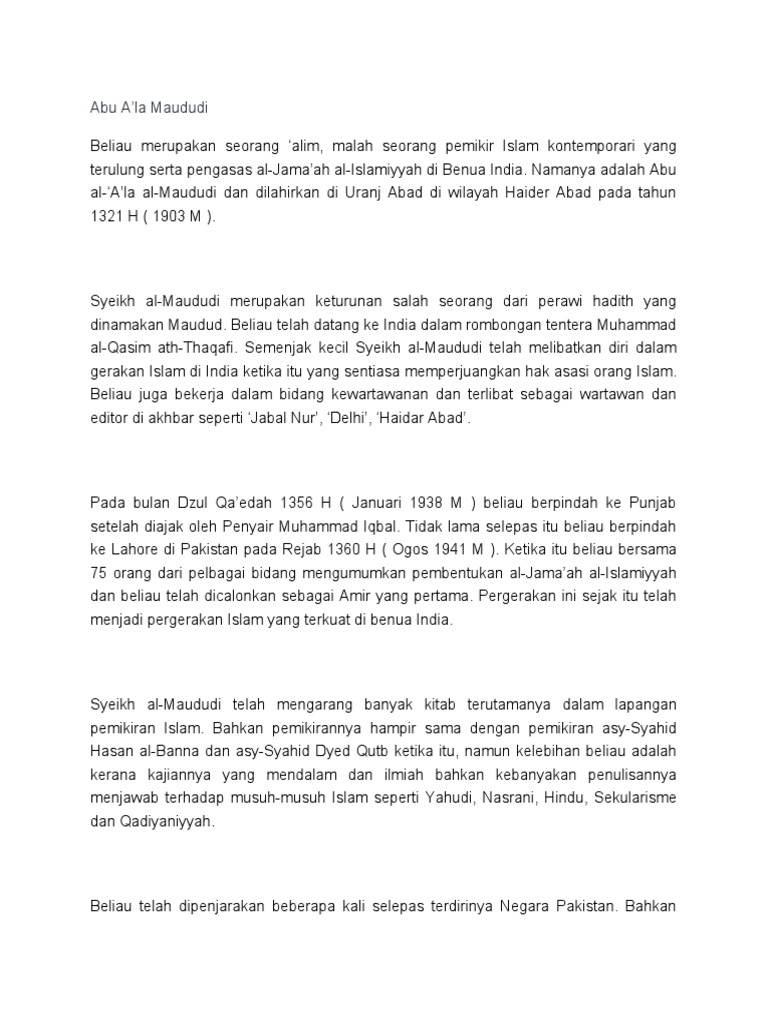 Biografi Singkat Abu A’la Maududi | PDF