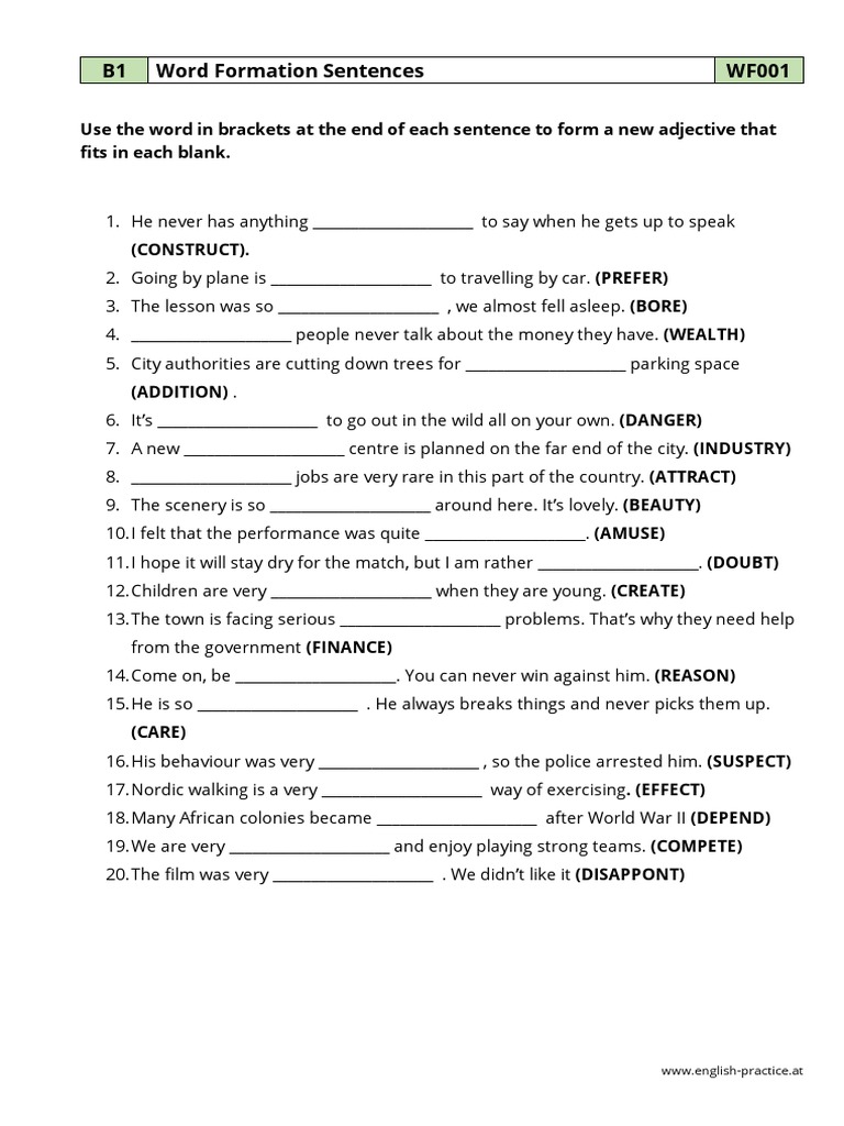 Word Formation - Adjectives - PDF Worksheets - Level B1 - WF001 | PDF