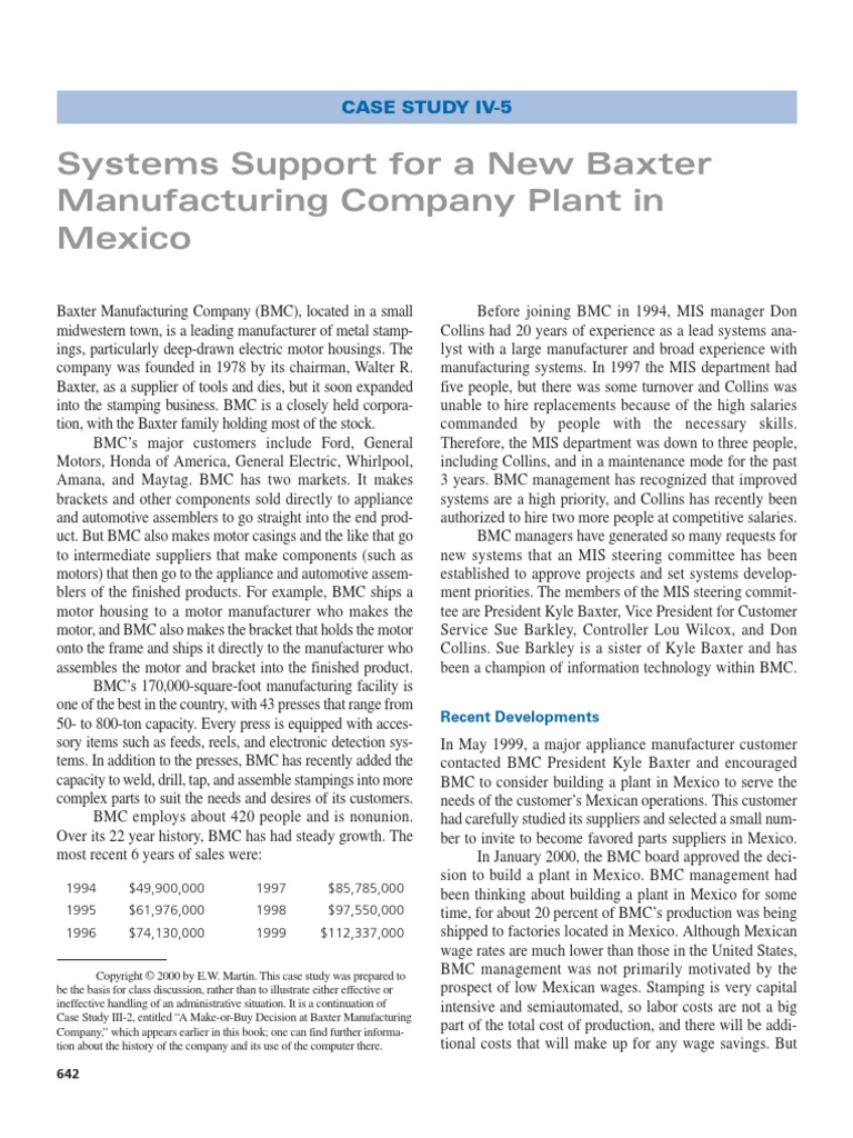 CASE STUDY IV-5, Systems Support For A New Baxter | PDF | Enterprise ...