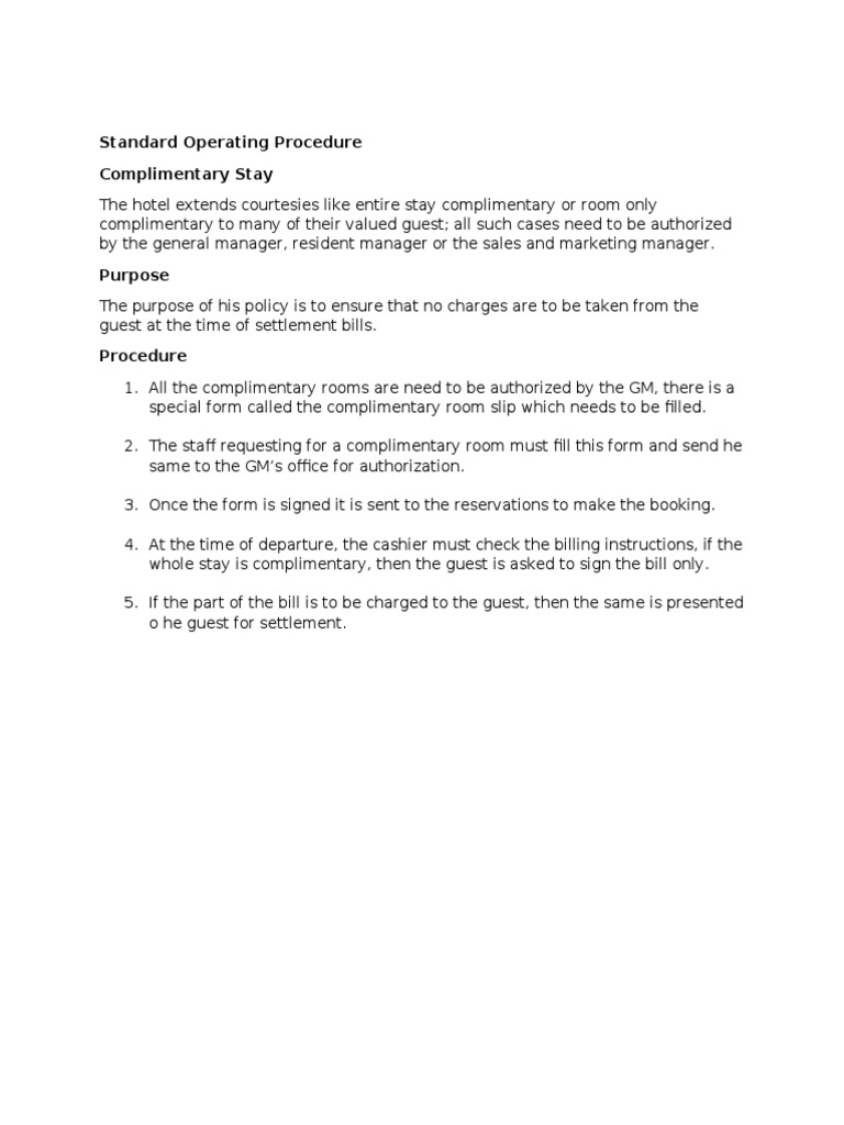 Complimentary Stay SOP for Hotels | PDF | Business | Finance & Money ...