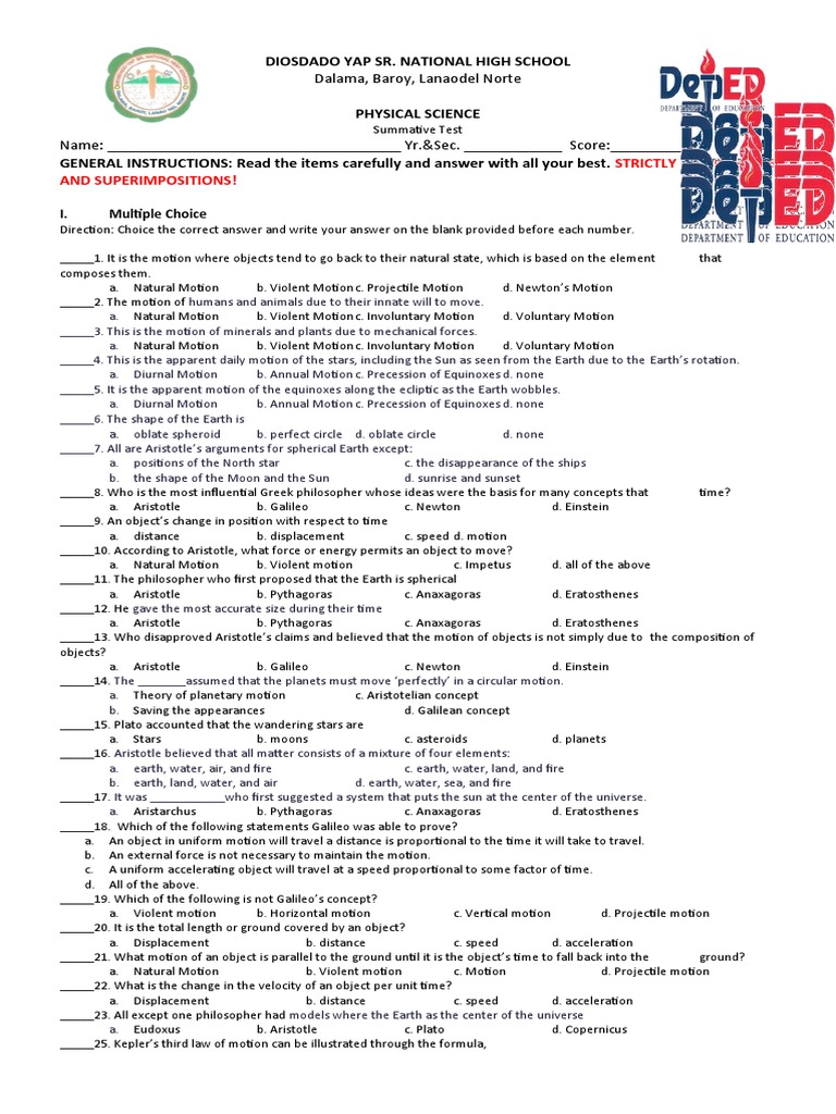 Physical Science Summative Test Guide | PDF | Acceleration | Force