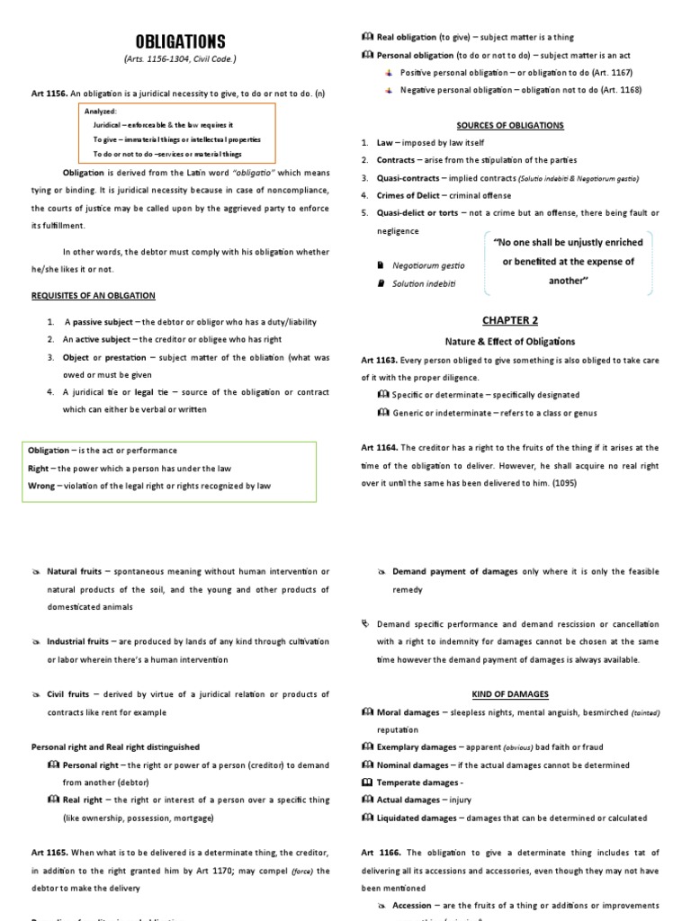 THE LAW On OBLIGATIONS AND CONTRACTS - Reviewer | PDF | Negligence | Law Of Obligations