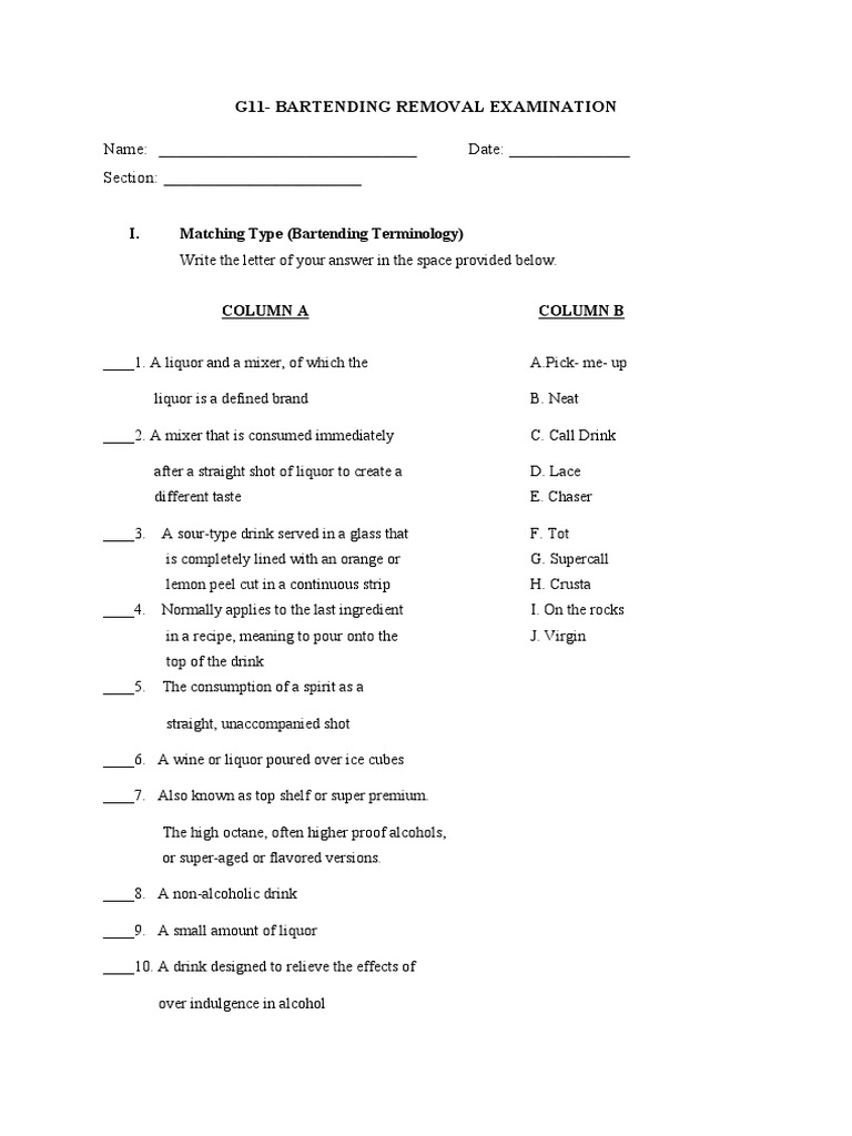 G11 Bartending Final Exam | PDF | Drink | Wine