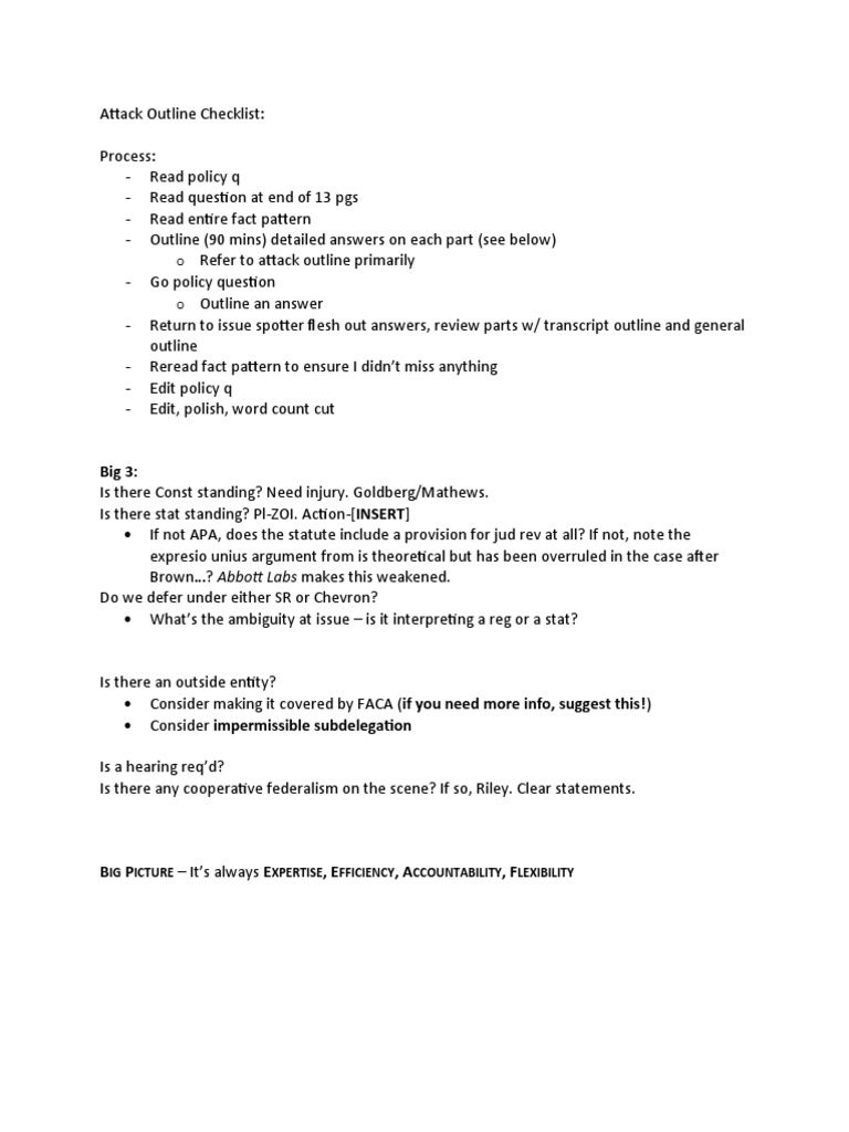 Admin Law Attack Outline Checklist | PDF | Standing (Law) | Standard Of ...