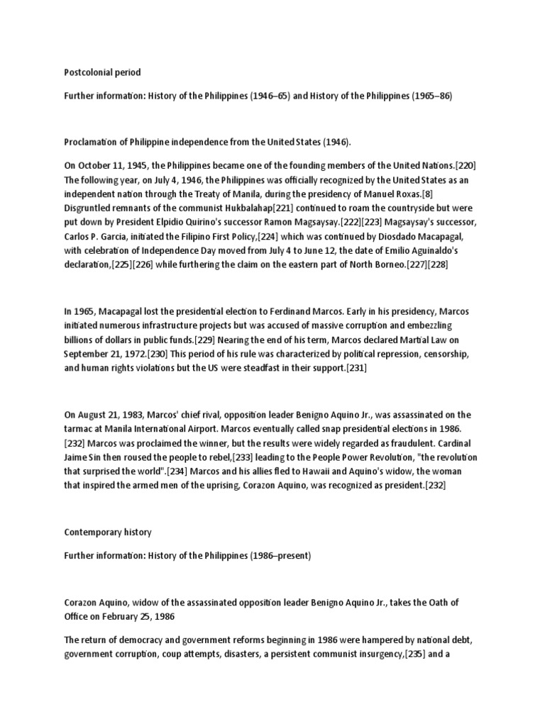 History of the Philippines: Postcolonial Era | PDF | Corazon Aquino ...