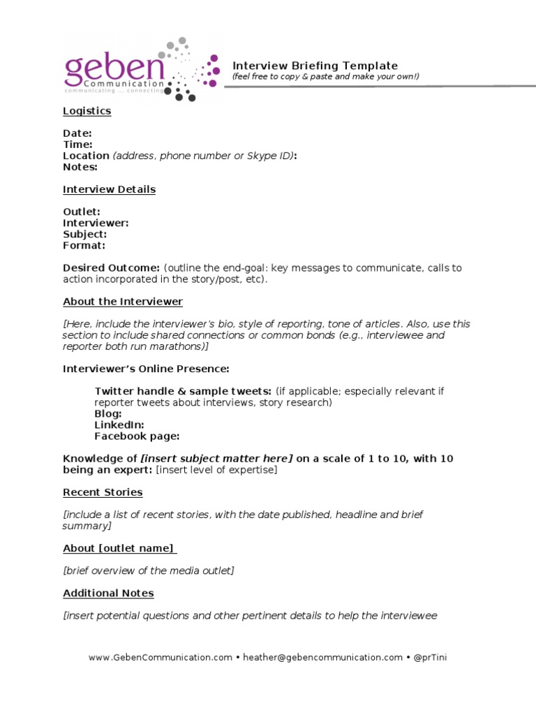 Media Interview Briefing Template From Heather Whaling & Geben ...