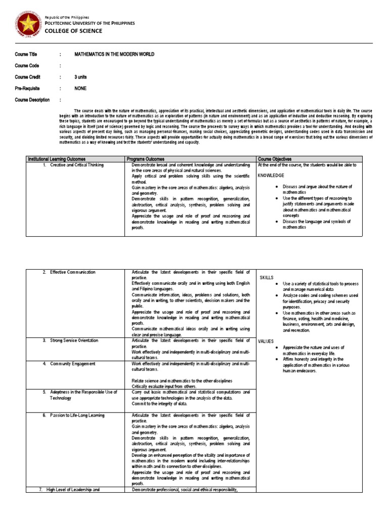 MMW - Sample OBE Syllabus - Revised | PDF | Mathematical Proof | Teaching Mathematics