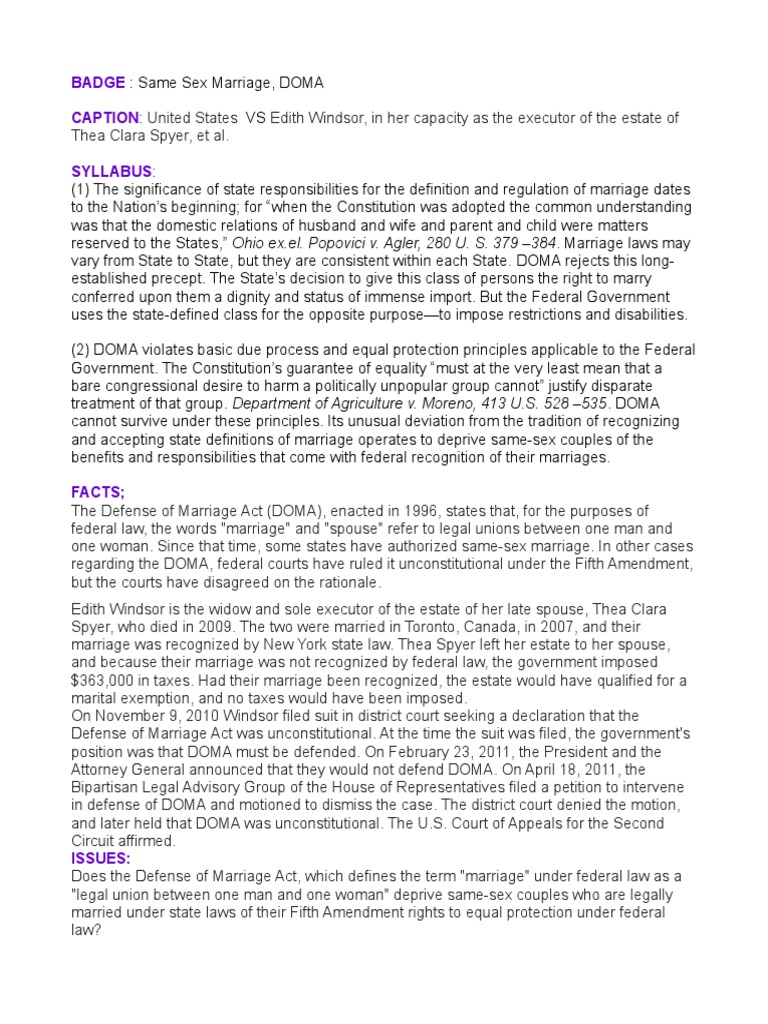 DOMA and Same-Sex Marriage Ruling | PDF | Defense Of Marriage Act ...