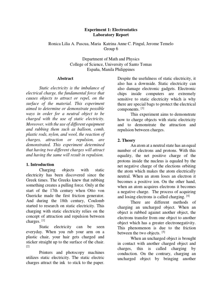 Experiment 1 - Group 6 PDF | PDF | Electric Charge | Electrostatics