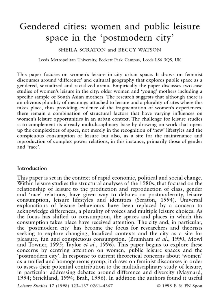 Gendered Cities - Women and Public Leisure Space in The 'Postmodern ...