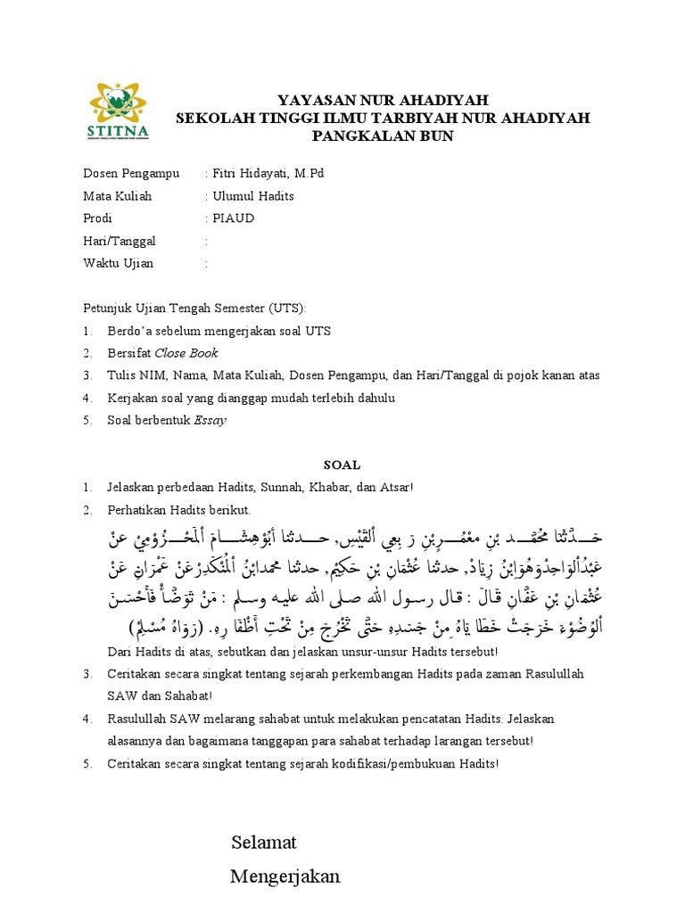 Piaud-Soal Uts Ulumul Hadits | PDF